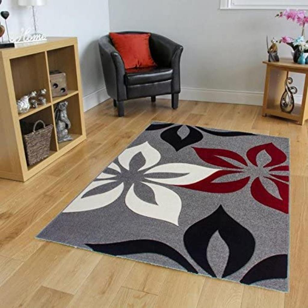 Havanna Modern Floral Soft Rug Red Grey