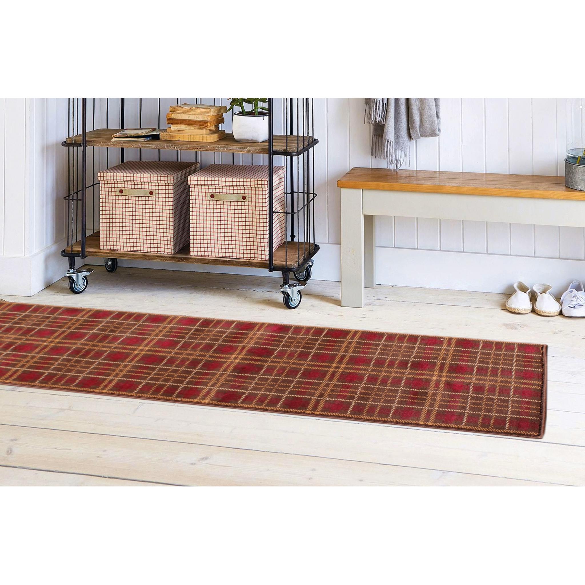 Traditional Highland Tartan Rug Check Pattern Brown Hall Runner Rug